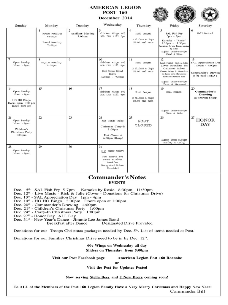 Legion Calendar December 2014 | PDF
