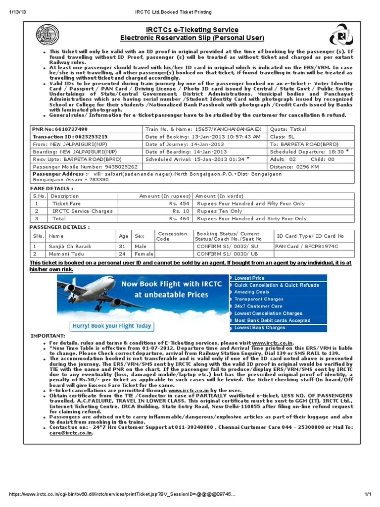 IRCTC E-Ticket Booking Details | PDF | Identity Document | Ticket ...