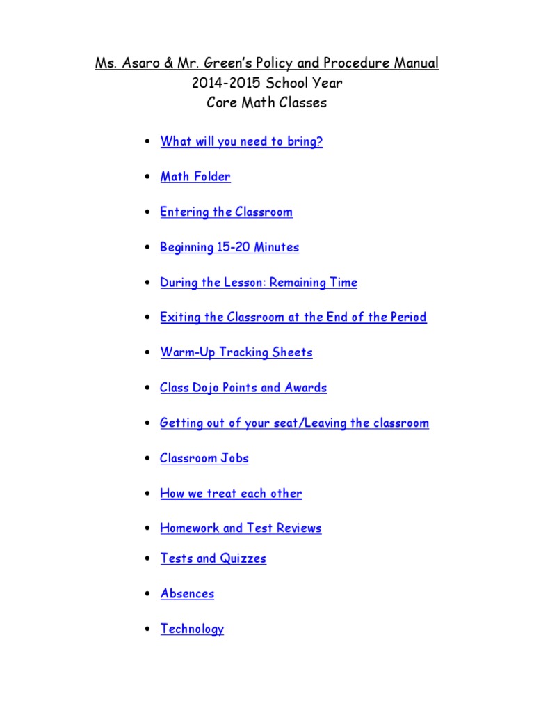 Policy and Procedure Manual Core | PDF | Classroom | Quiz