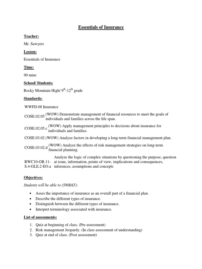 Essentials of Insurance Lesson Plan | PDF | Insurance | Educational ...