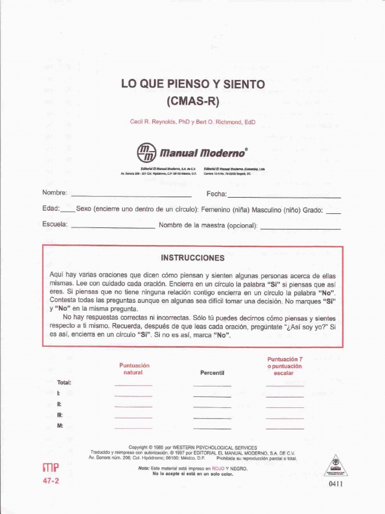 Lo Que Pienso y Siento (CMAS-R) . | PDF
