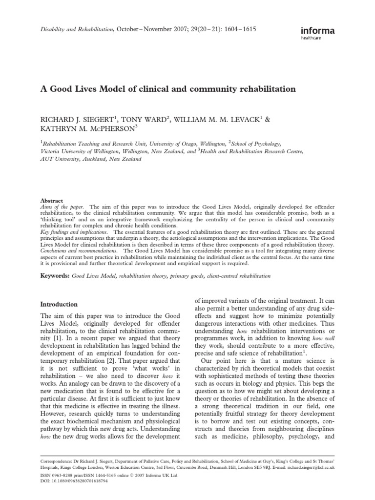 A Good Lives Model of Clinical and Community Rehabilitation | Physical ...