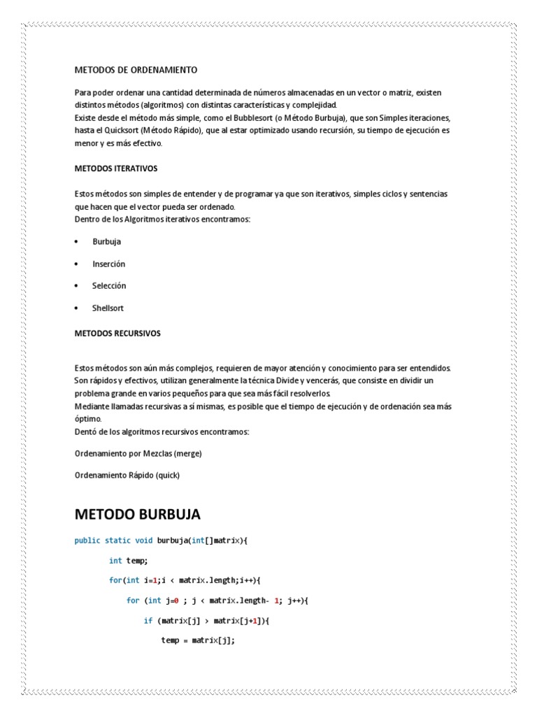 Metodos de Ordenamiento en Java | PDF | Algoritmos y Estructuras de ...