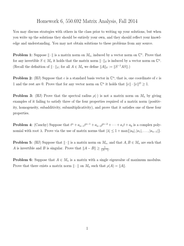 Homework 6, 550.692 Matrix Analysis, Fall 2014 | PDF