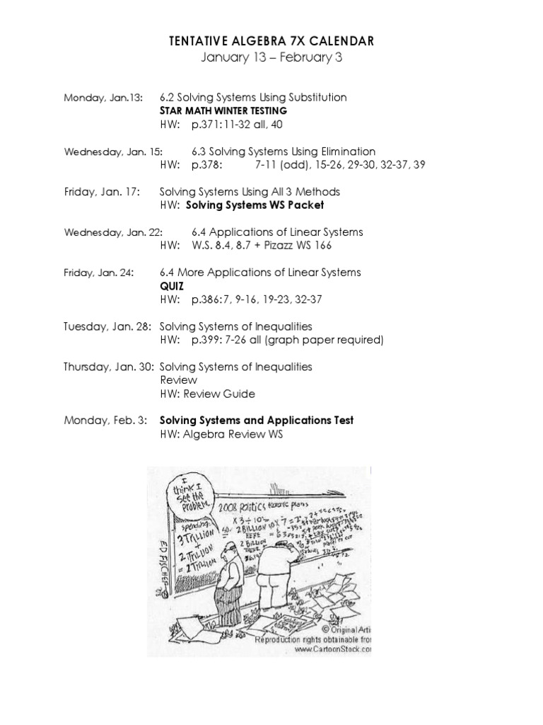 Tentative Algebra 7X Calendar: January 13 - February 3 | PDF