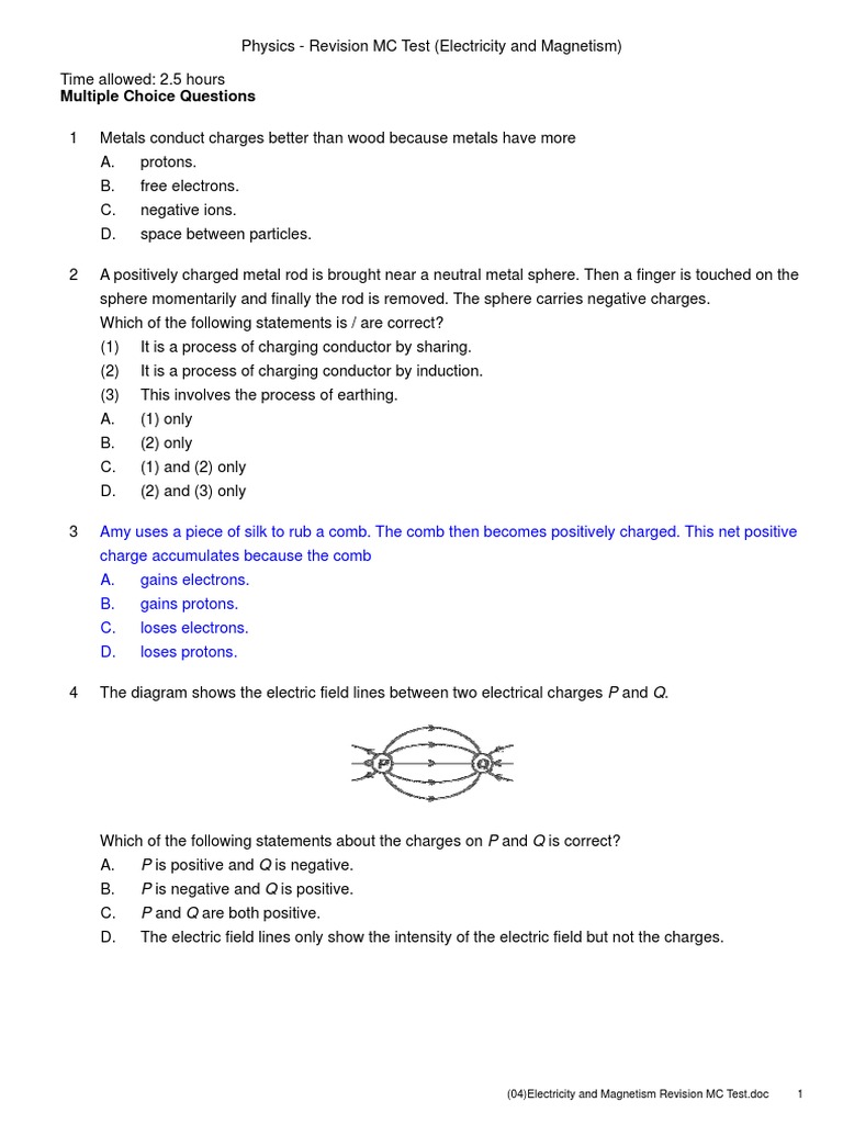 Electricity and Magnetism MC Test | PDF | Electric Generator | Electric ...
