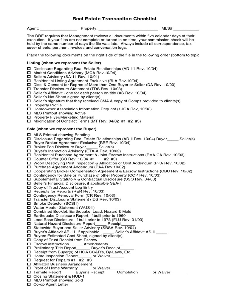 Real Estate Transaction Checklist | PDF | Sales | Property