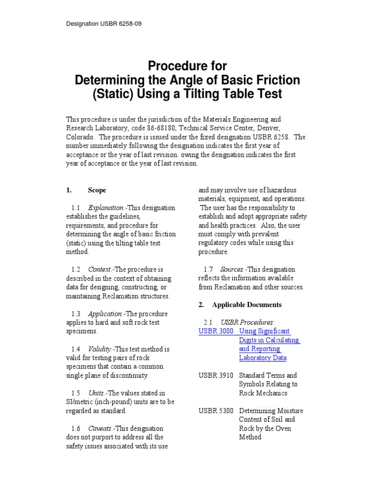 Procedure For Stimating Basic Friction Angle From A Tilt Test Pdf Friction Subroutine