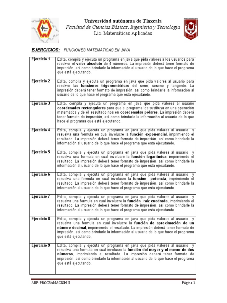 Ejercicios Funciones Matematicas Java | PDF | Java (lenguaje de programación) | Funciones ...