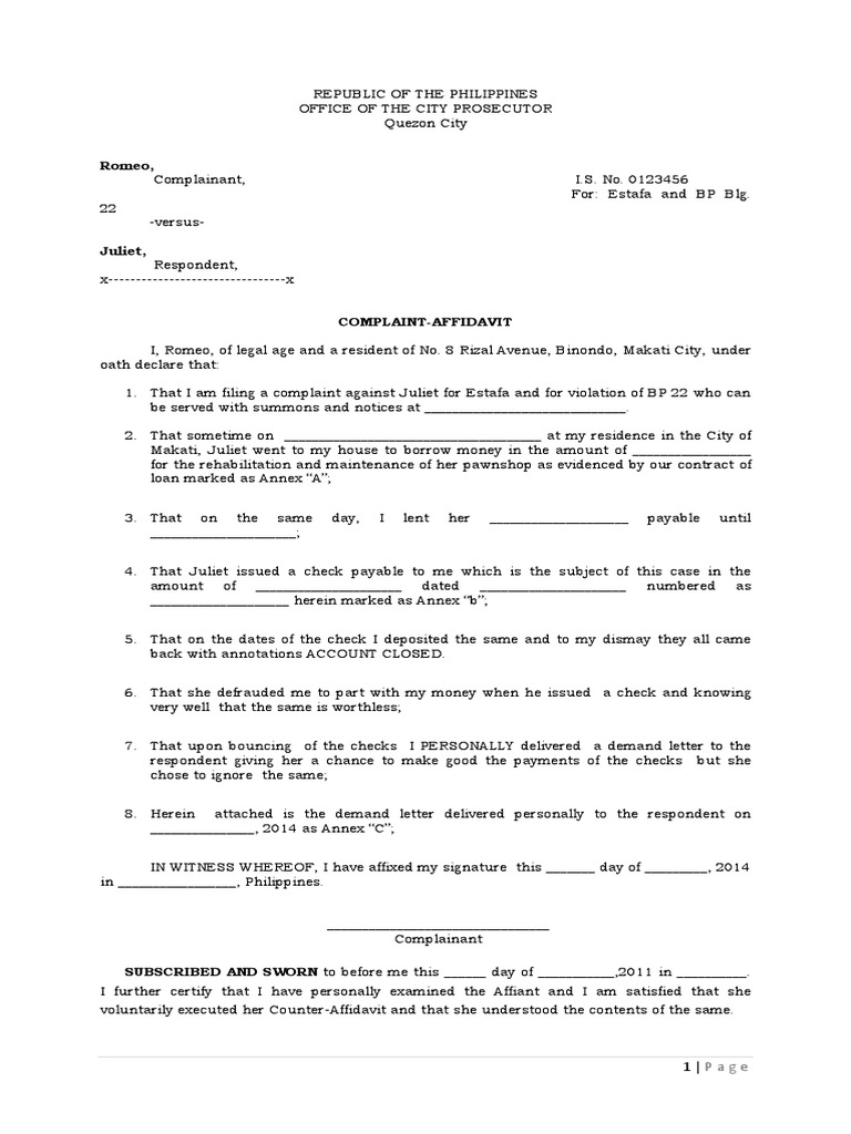 Complaint Affidavit | Affidavit | Cheque
