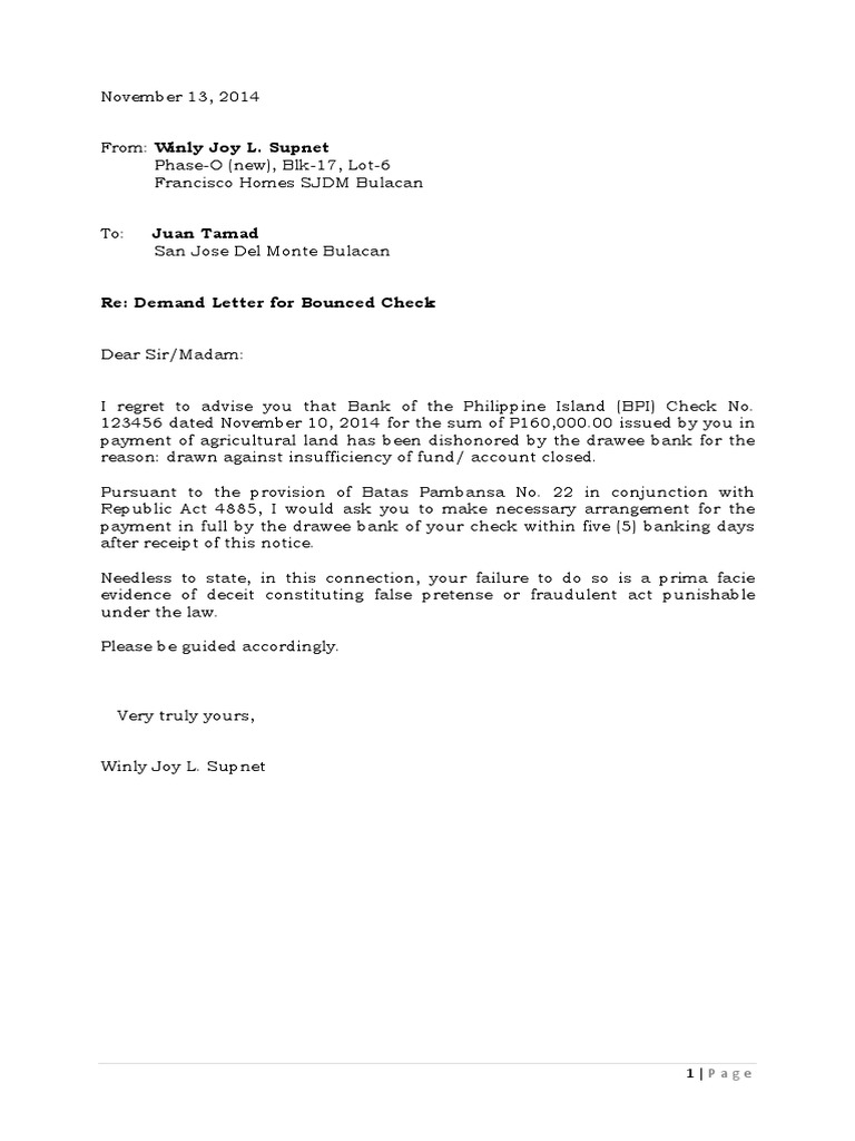 Demand Letter for BP 22 | Cheque | Government Information