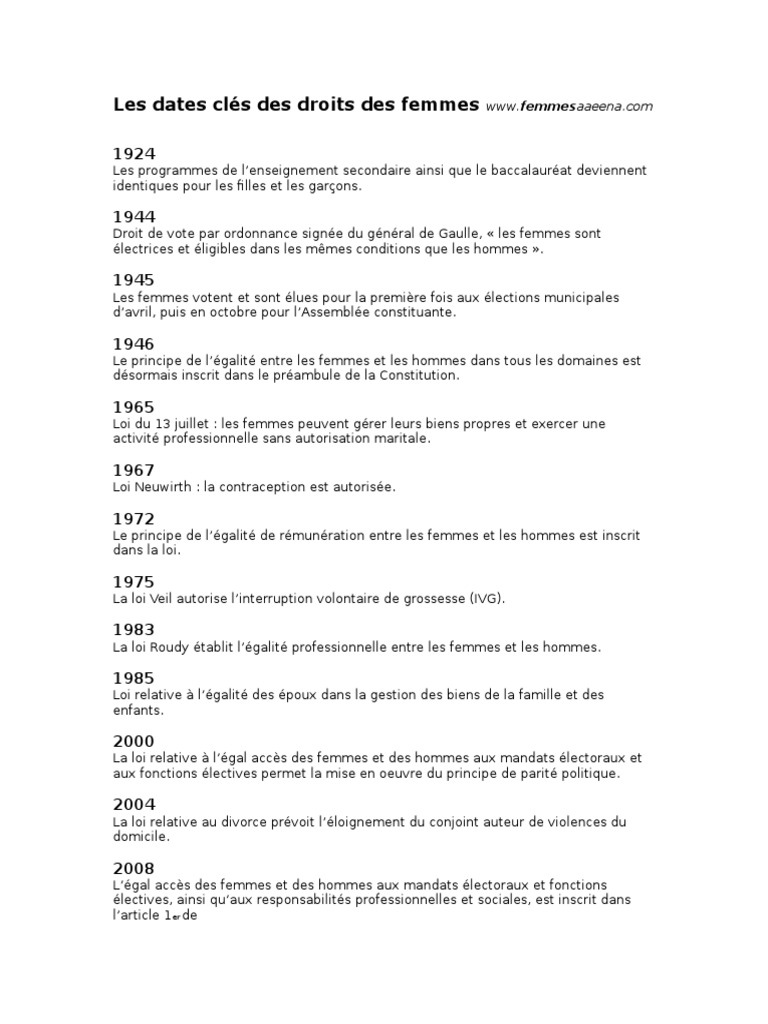 Les Dates Clés Des Droits Des Femmes | Salaires | Droit statutaire