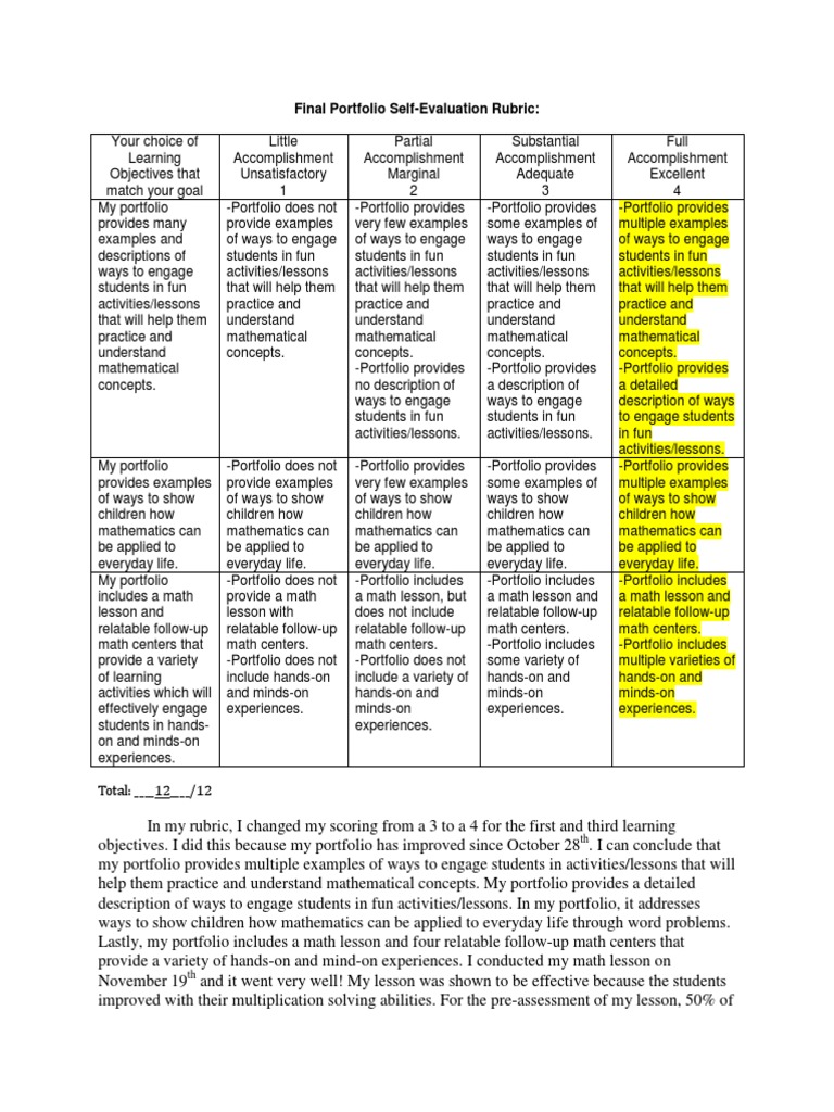 Final Portfolio Self-Evaluation Rubric | PDF | Teaching | Teaching ...