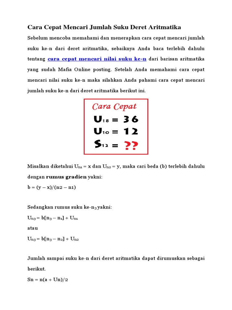 Cara Cepat Mencari Jumlah Suku Deret Aritmatika | PDF
