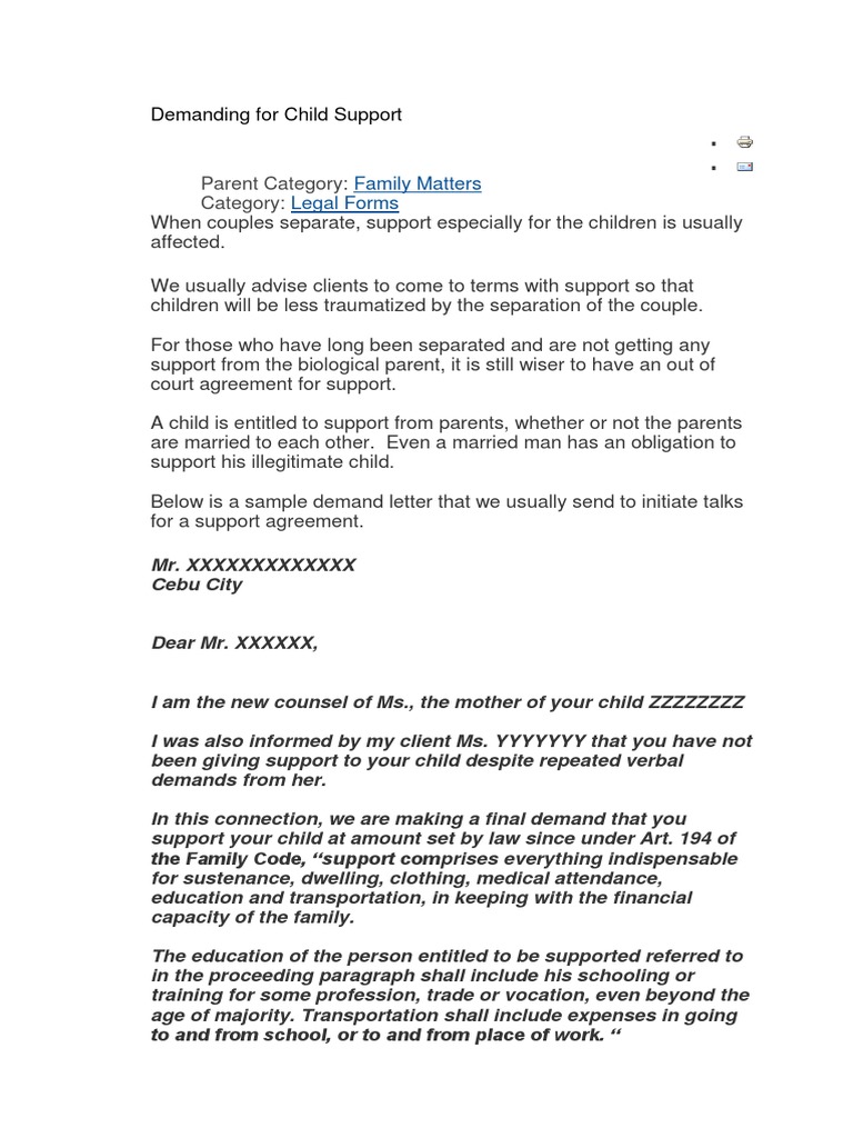 Demand Letter for Child Support | PDF | Child Support | Parent