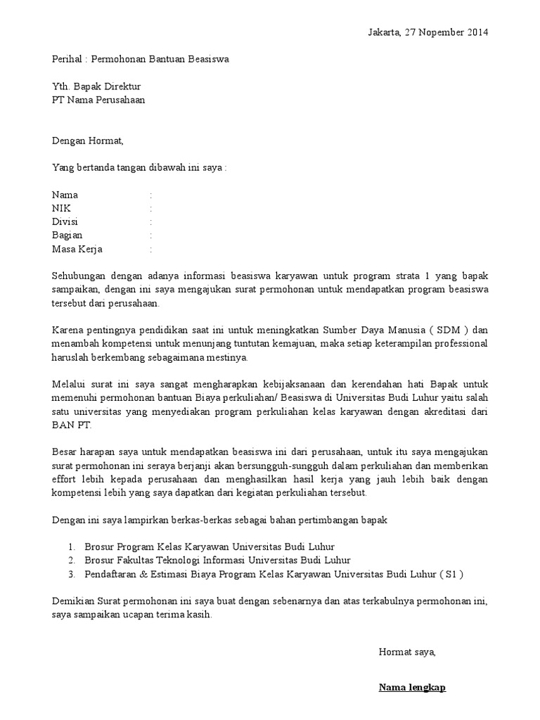 Contoh Surat Permohonan Beasiswa Karyawan | PDF