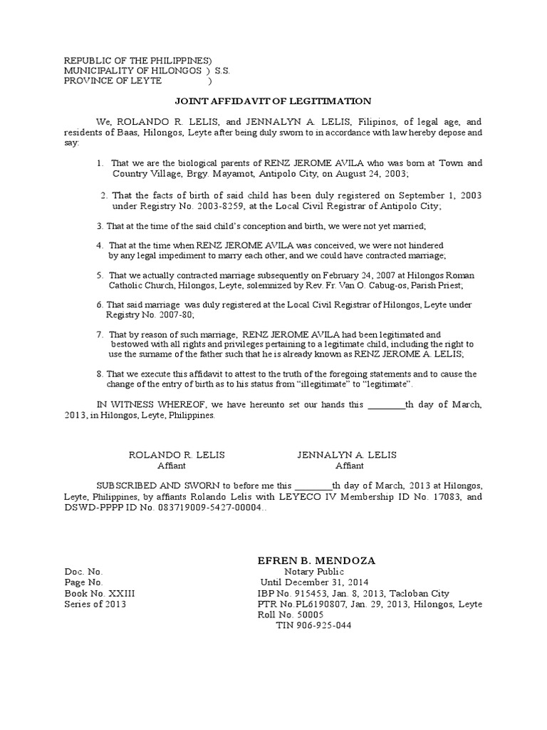 Joint Affidavit of Legitimation | PDF | Affidavit | Civil Law (Common Law)