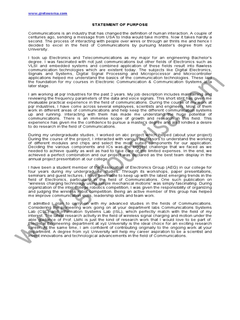 Sample SOP - Electrical Engineering | PDF | Telecommunication ...