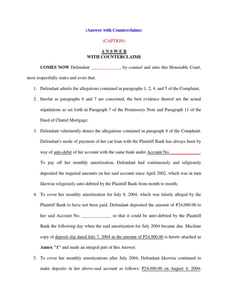 Answer with Counterclaims Example | PDF | Lawsuit | Damages
