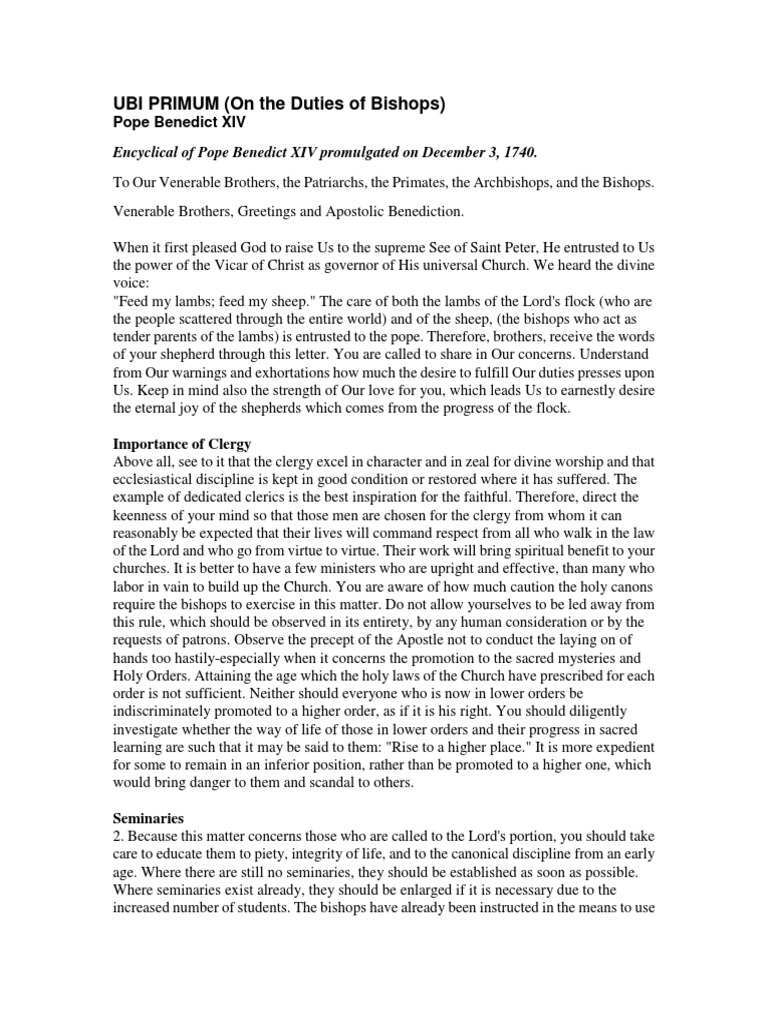 Duties of Bishops in Ubi Primum | PDF | Anglicanism | Pope