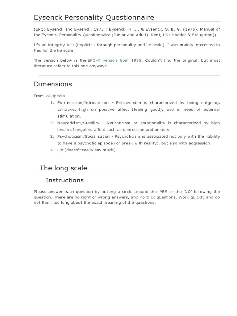 Eysenck Personality Questionnaire Overview | PDF | Extraversion And ...