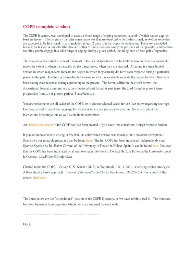 Brief Cope | PDF | Coping (Psychology) | Sympathy