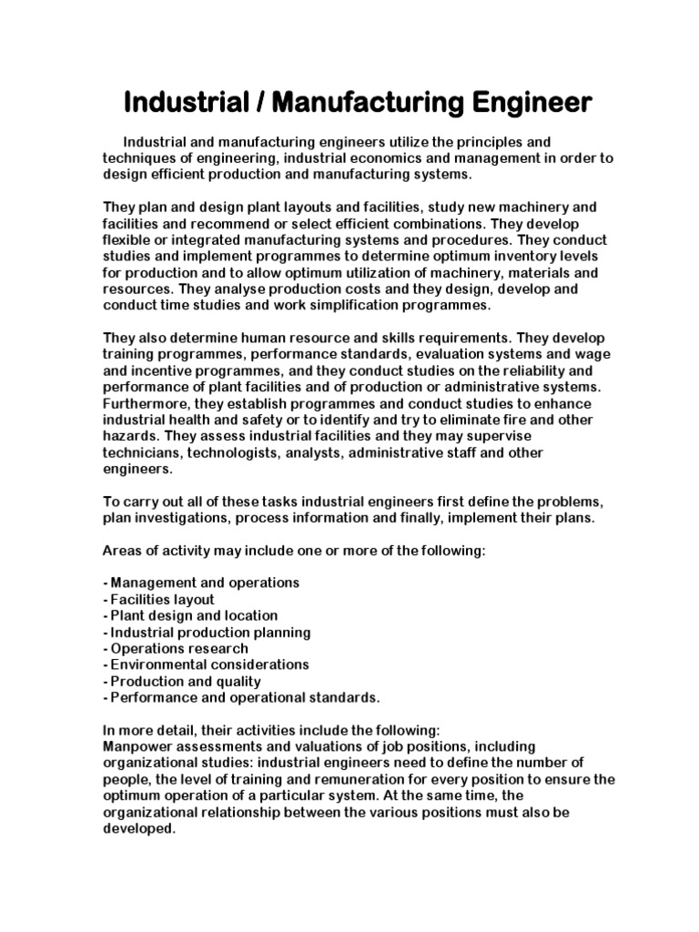 Role of Manufacturing or Industrial Engineer | Industrial Engineering ...