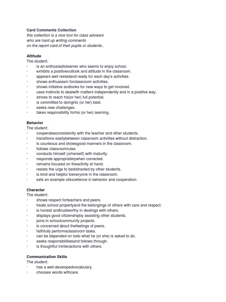 Card Comments Collection | Download Free PDF | Classroom | Applied ...