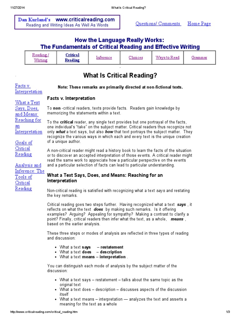 What Is Critical Reading | PDF | Reading (Process) | Inference