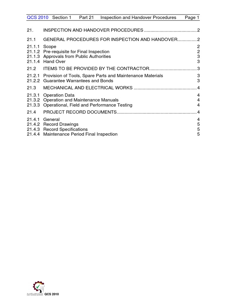 QCS 2010 Section 1 Part 21 Inspection and Hand-Over Procedures | PDF | Specification (Technical ...