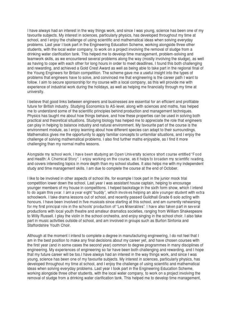 Engineering Personal Statement Example | PDF | Engineer | Science