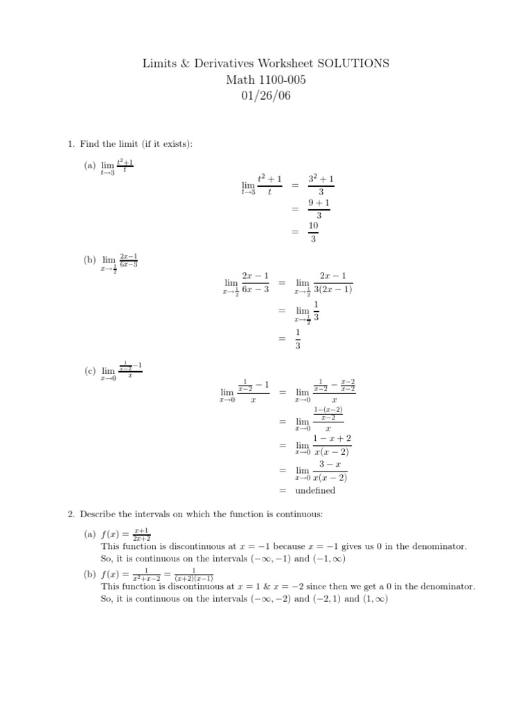 Limits & Derivatives Worksheet SOLUTIONS Math 1100-005 01/26/06 | PDF ...
