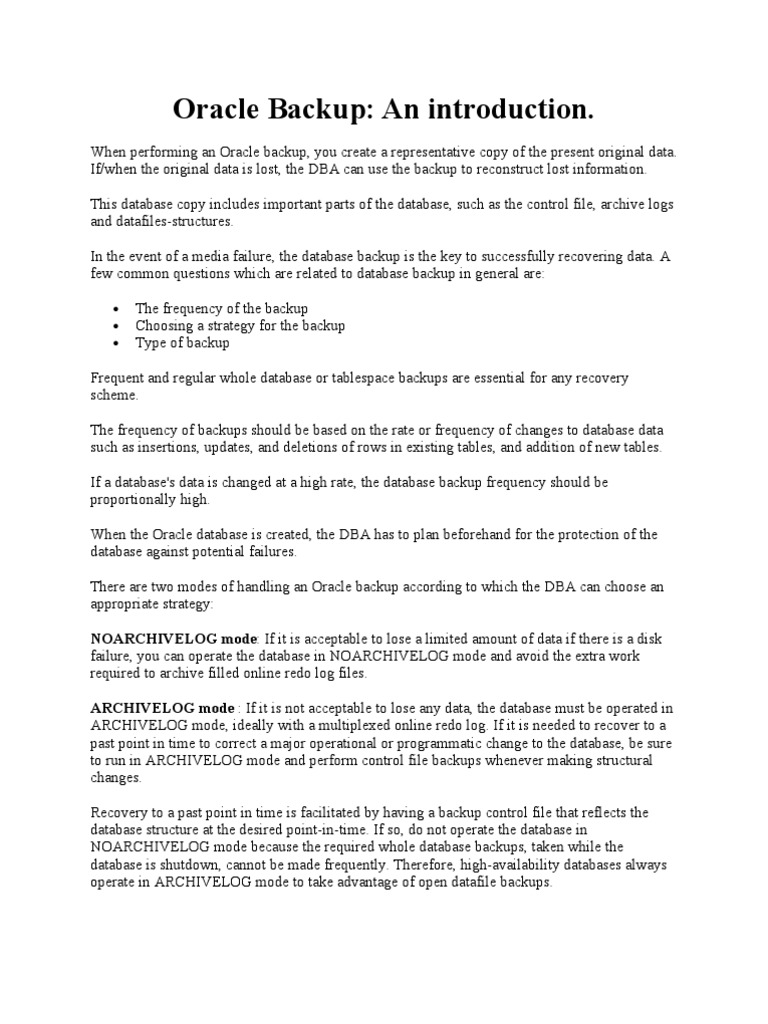 Oracle Backup - An Introduction | PDF | Backup | Databases