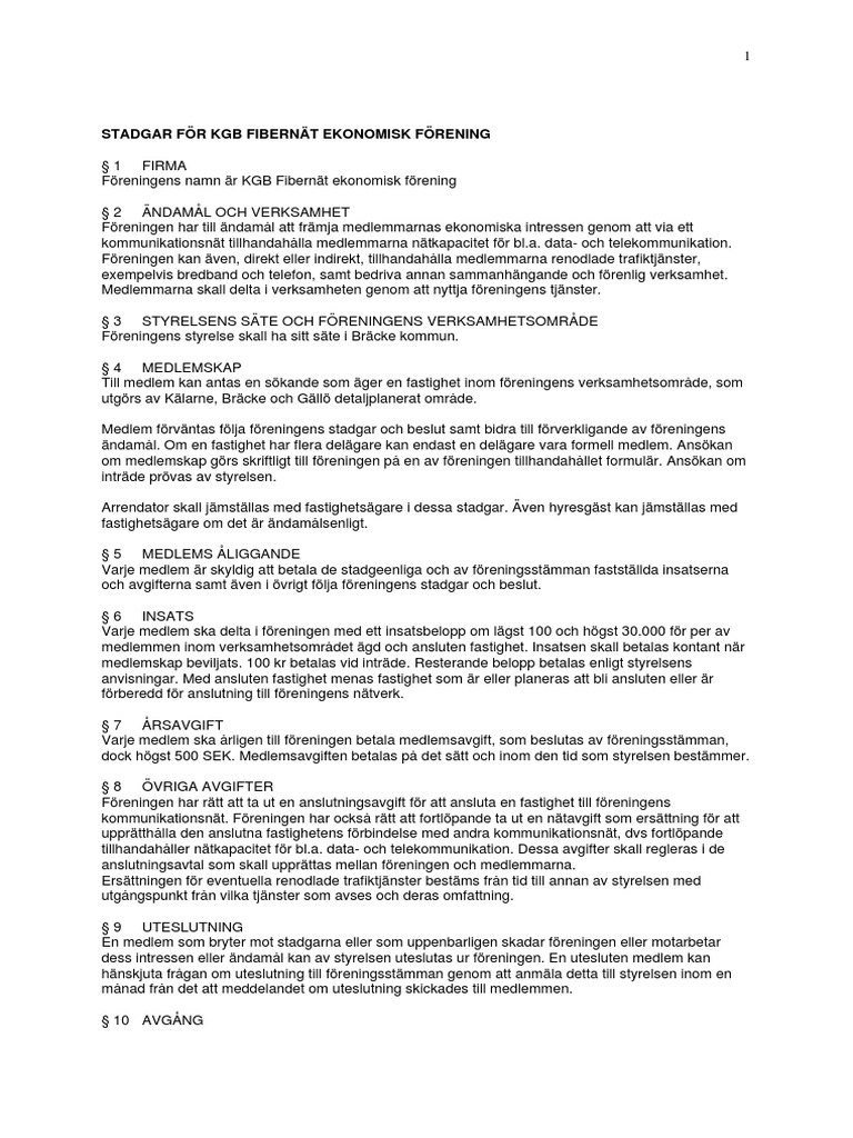 Stadgar För KGB Fibernät Ekonomisk Förening | PDF
