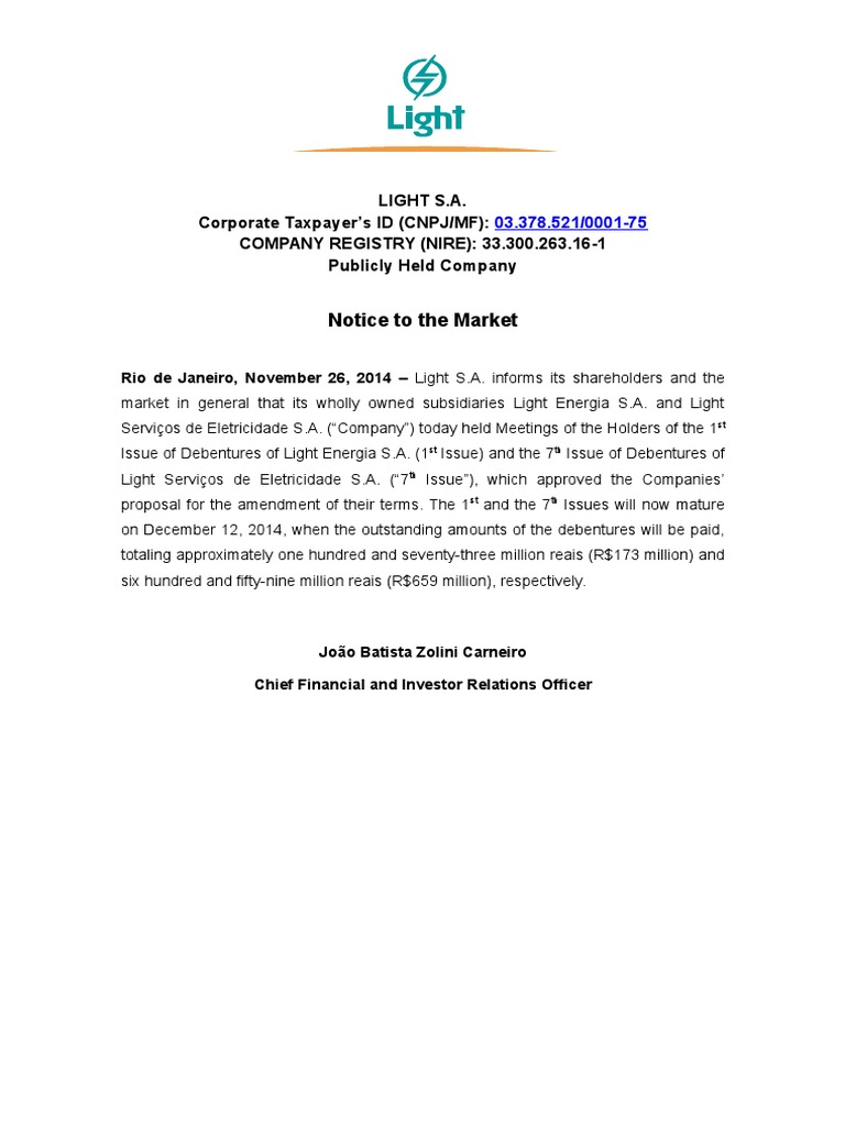 Change in The Expiry Date For The 1st Issue of Debentures of Light ...