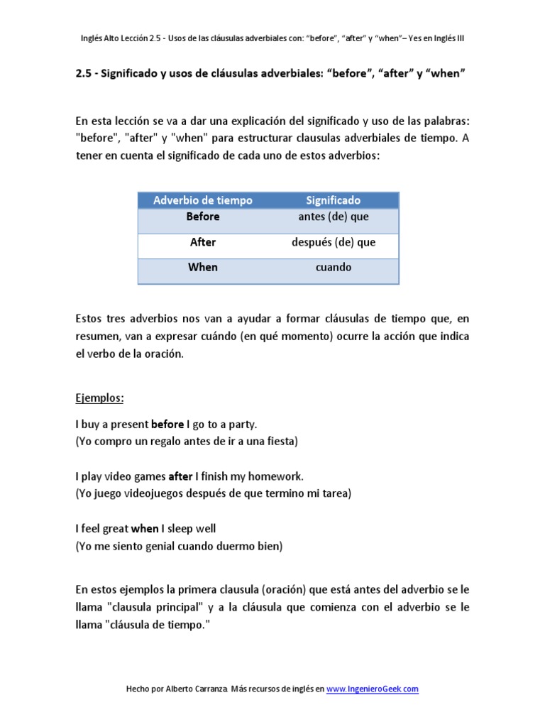 2.5. - Significado y Usos de Las Clausulas Adverbiales "Before", "After ...