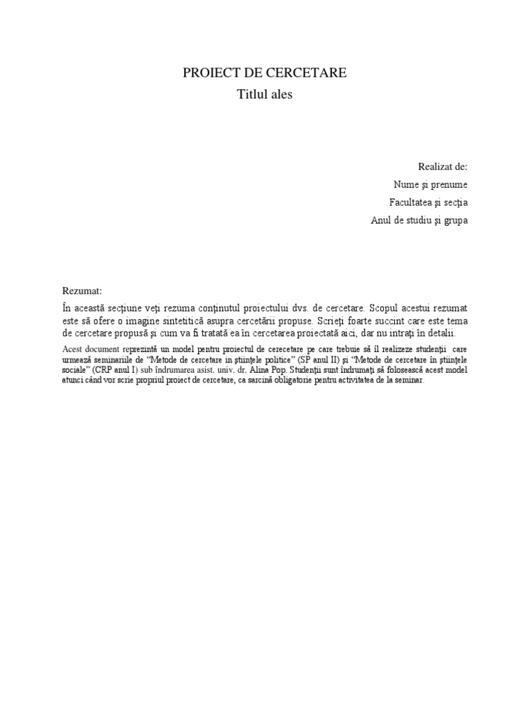 Proiect de Cercetare Model | PDF