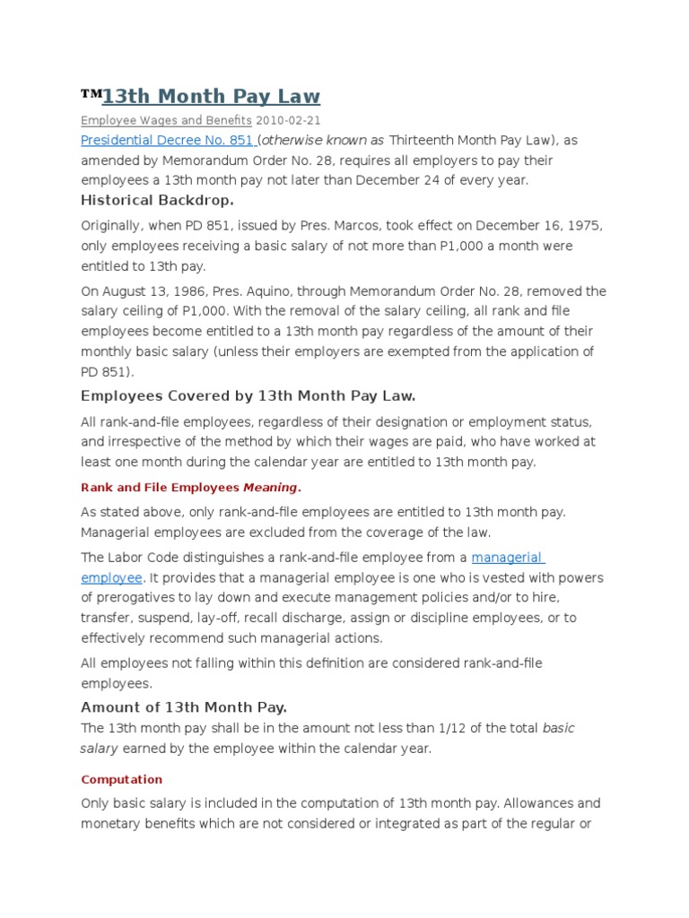 13th Month Pay Law | PDF | Overtime | Working Time 13th Month Pay Law | PDF | Overtime | Working Time