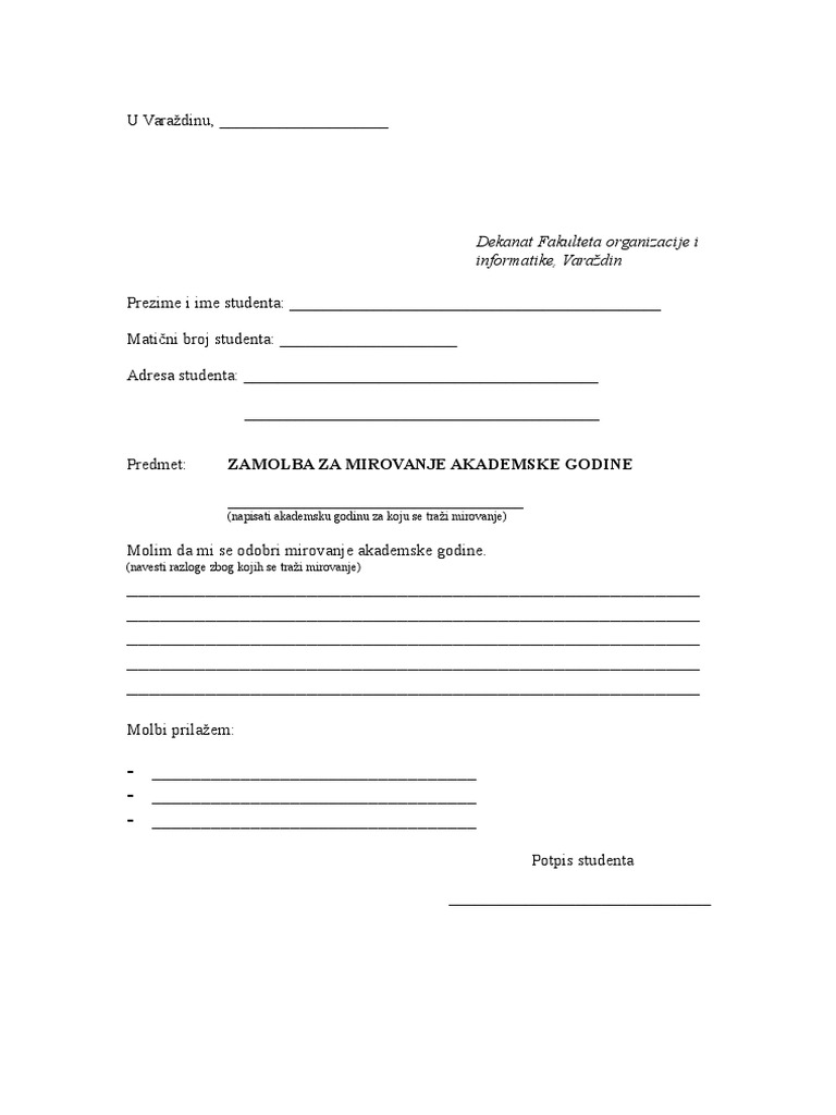 Primjer Molbe Za Mirovanje Godine | PDF
