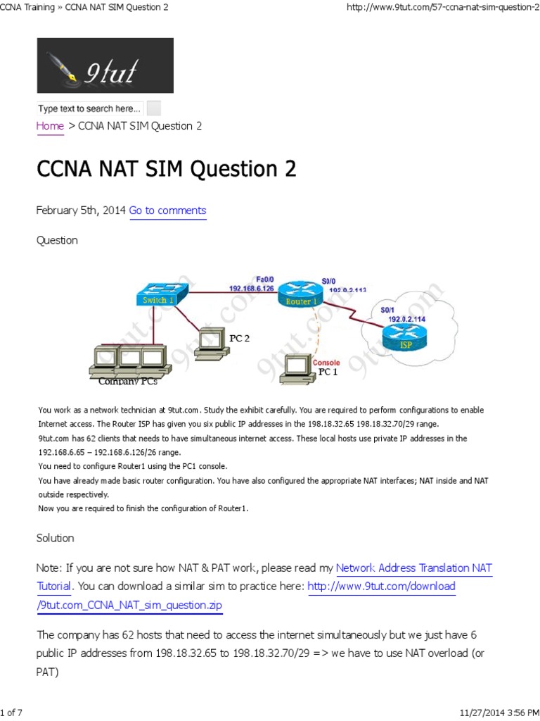 Ccna Training Ccna Nat Sim Question 2 Cisco Certifications Ip Address