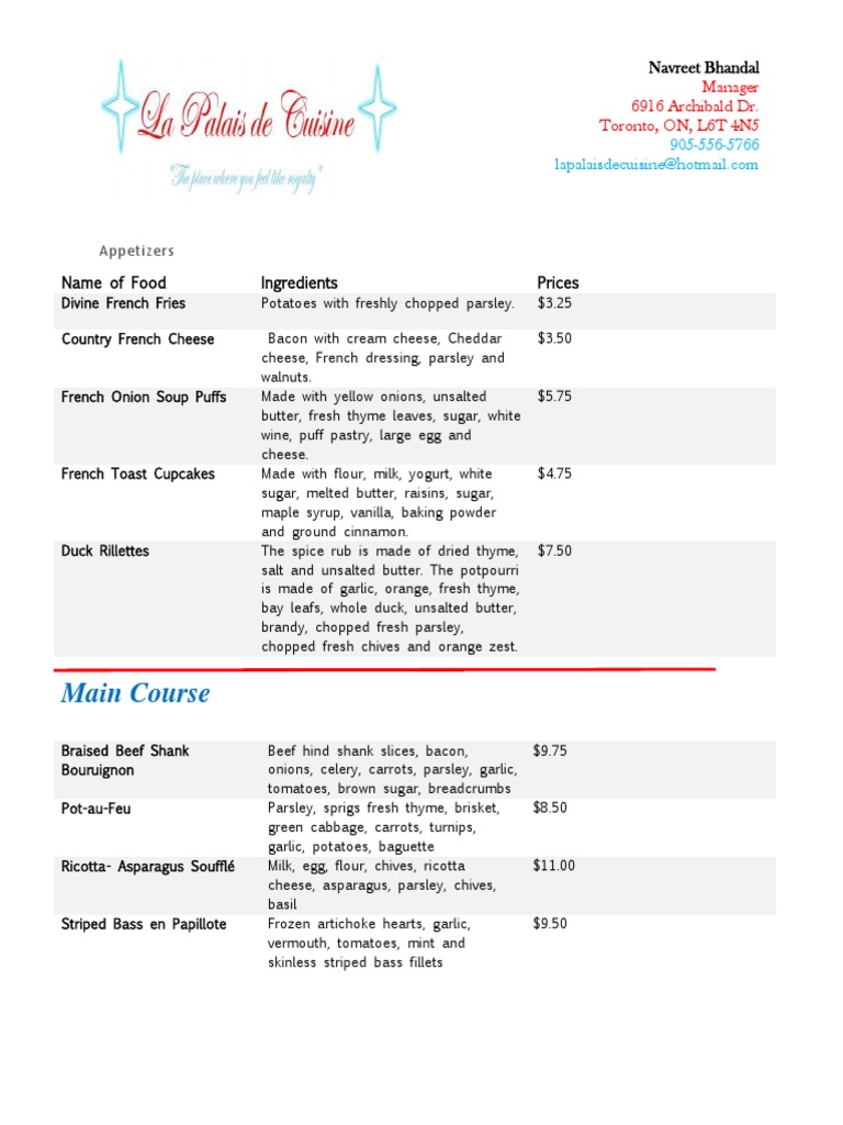 French Cuisine Menu with Prices | PDF