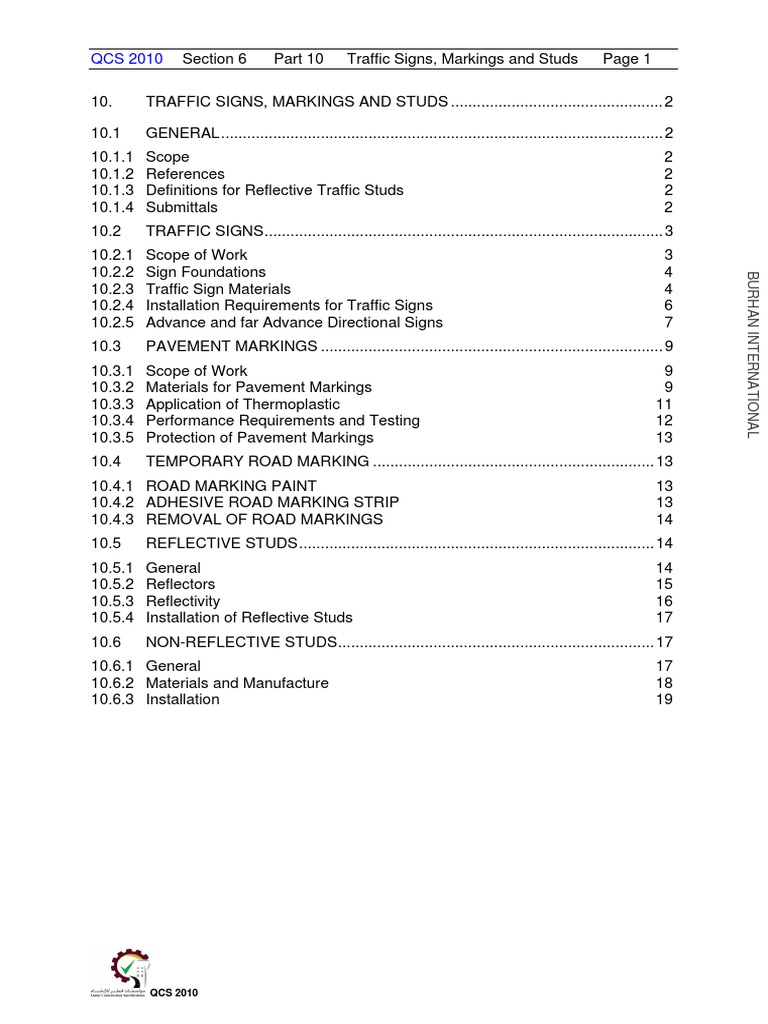 QCS 2010 Part 10 Traffic Signs, Markings and Studs | PDF | Paint | Rivet