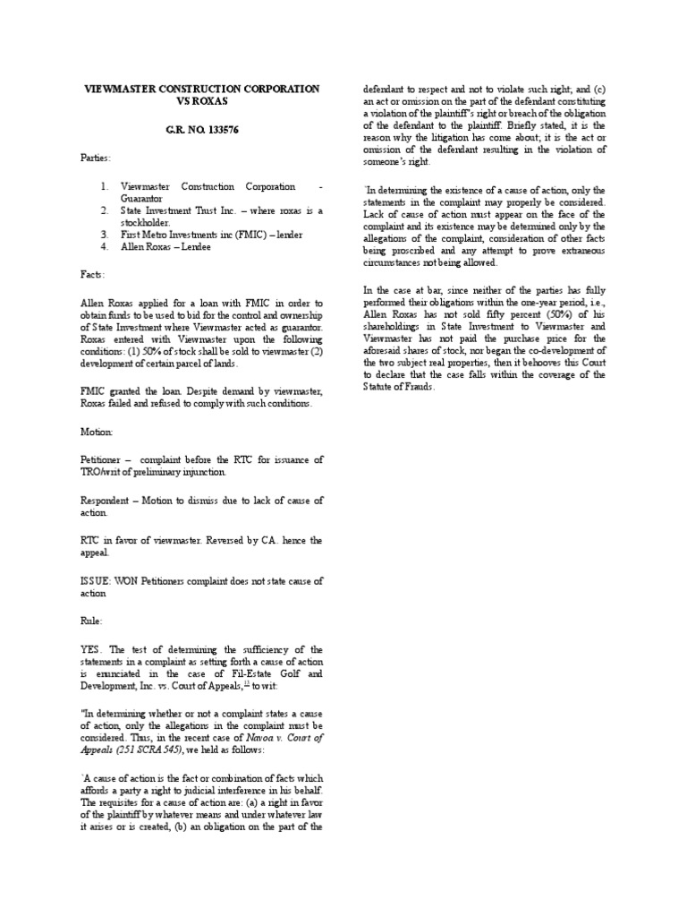 Roxas vs. Viewmaster: Loan Dispute | PDF | Complaint | Cause Of Action