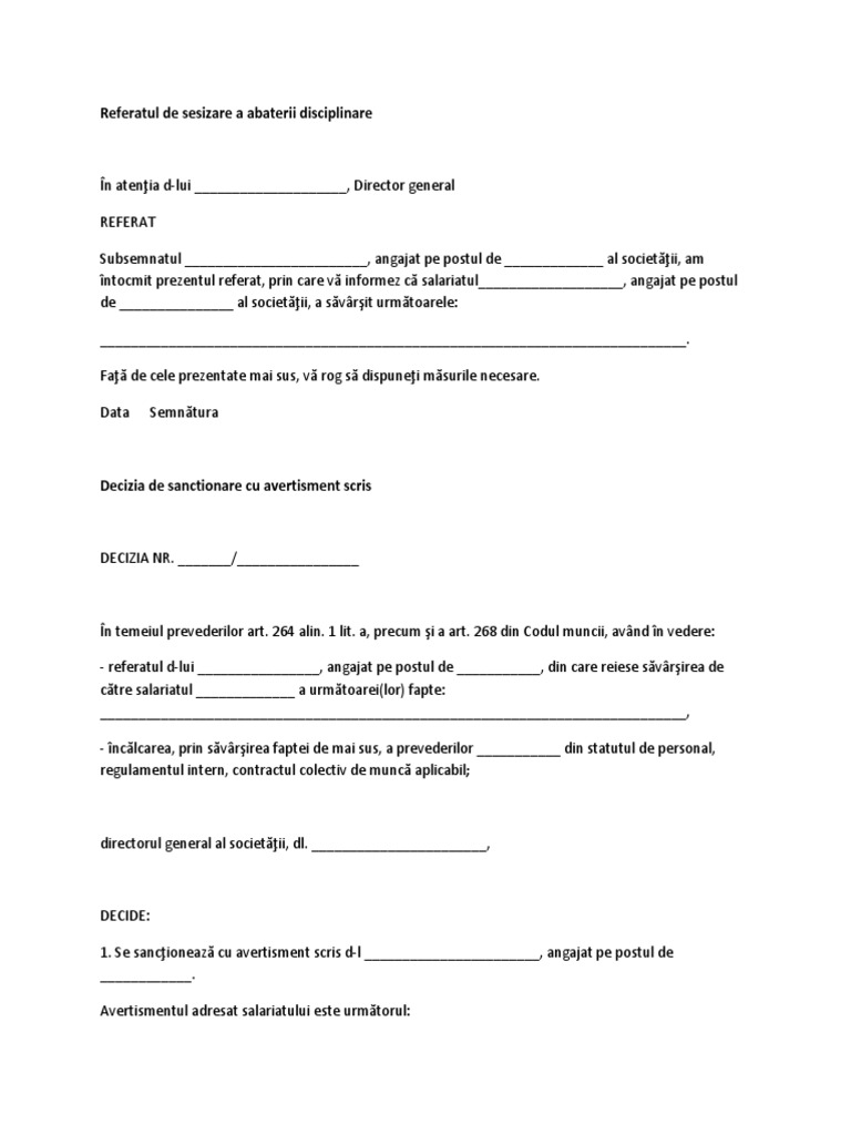 Referatul de Sesizare A Abaterii Disciplinare - Avertisment Salariat | PDF