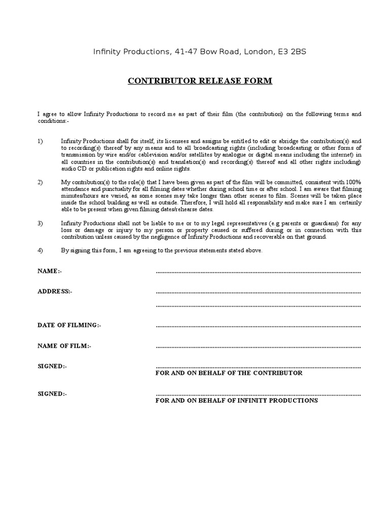 Contributor Release Form for Filming | PDF