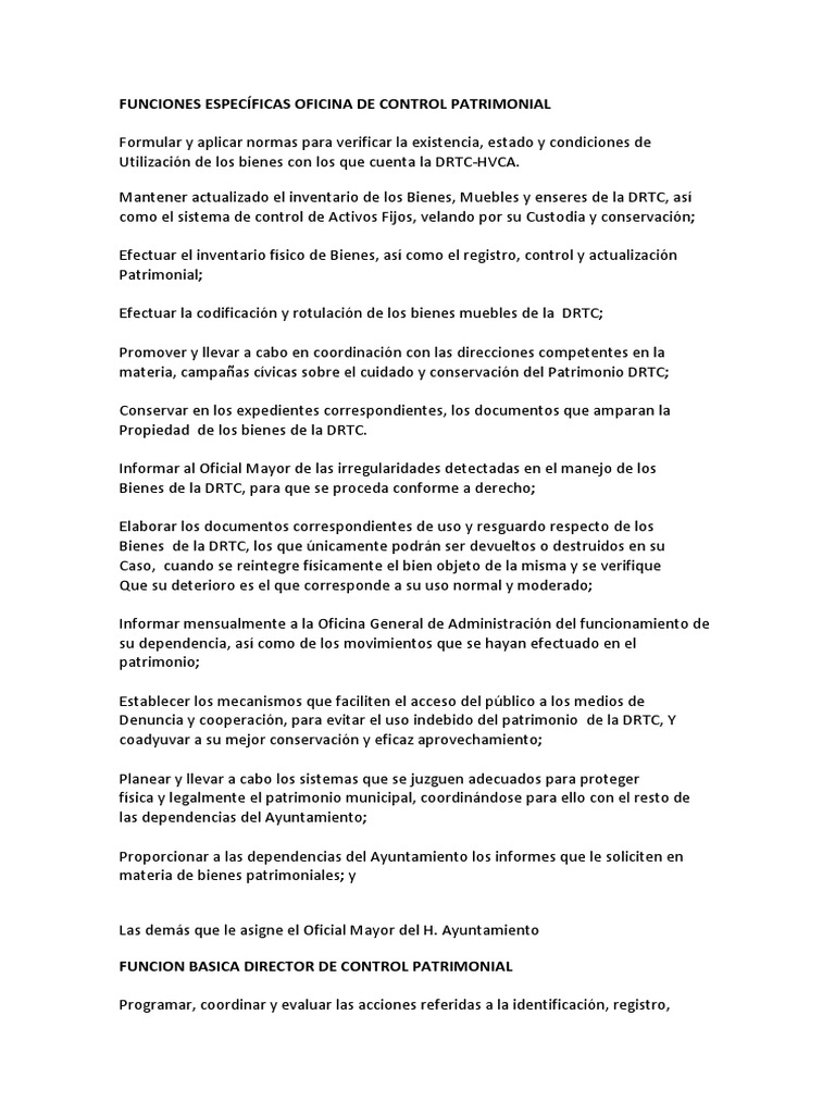 Funciones Específicas Oficina de Control Patrimonial | PDF ...