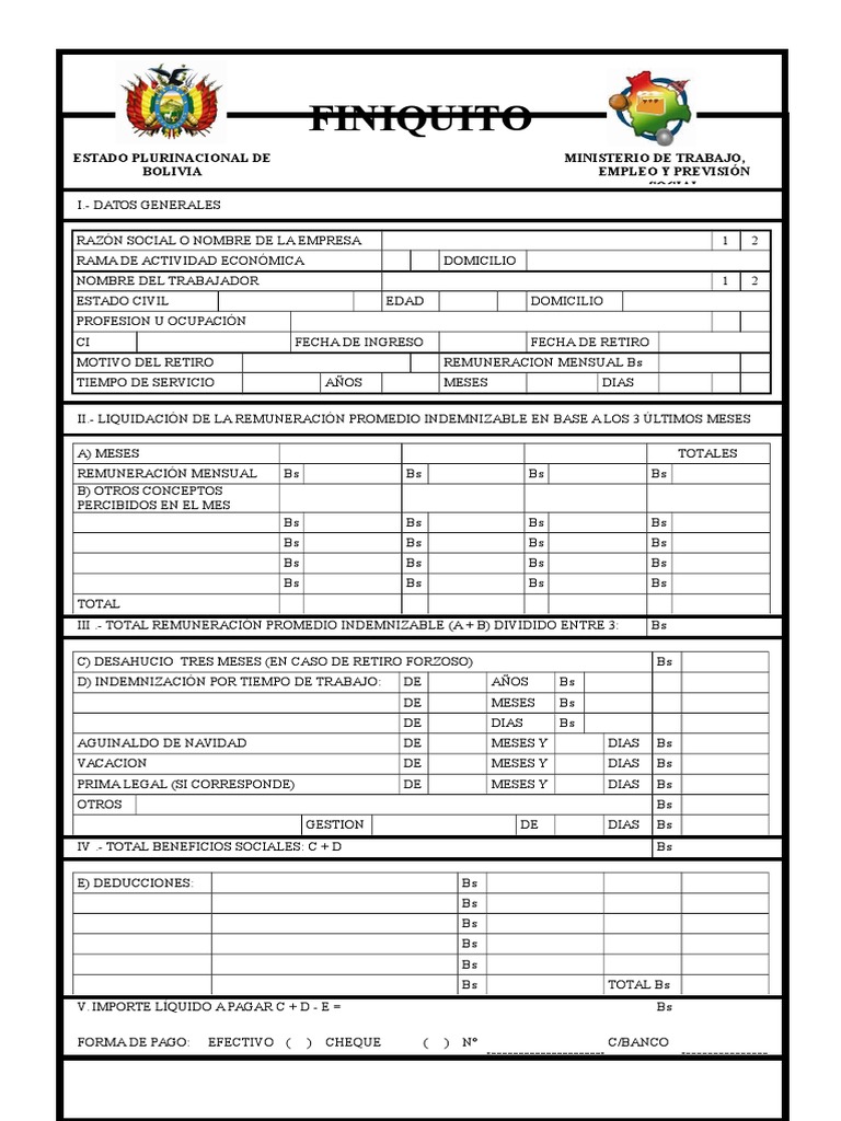 Formulario - Finiquito Bolivia | PDF