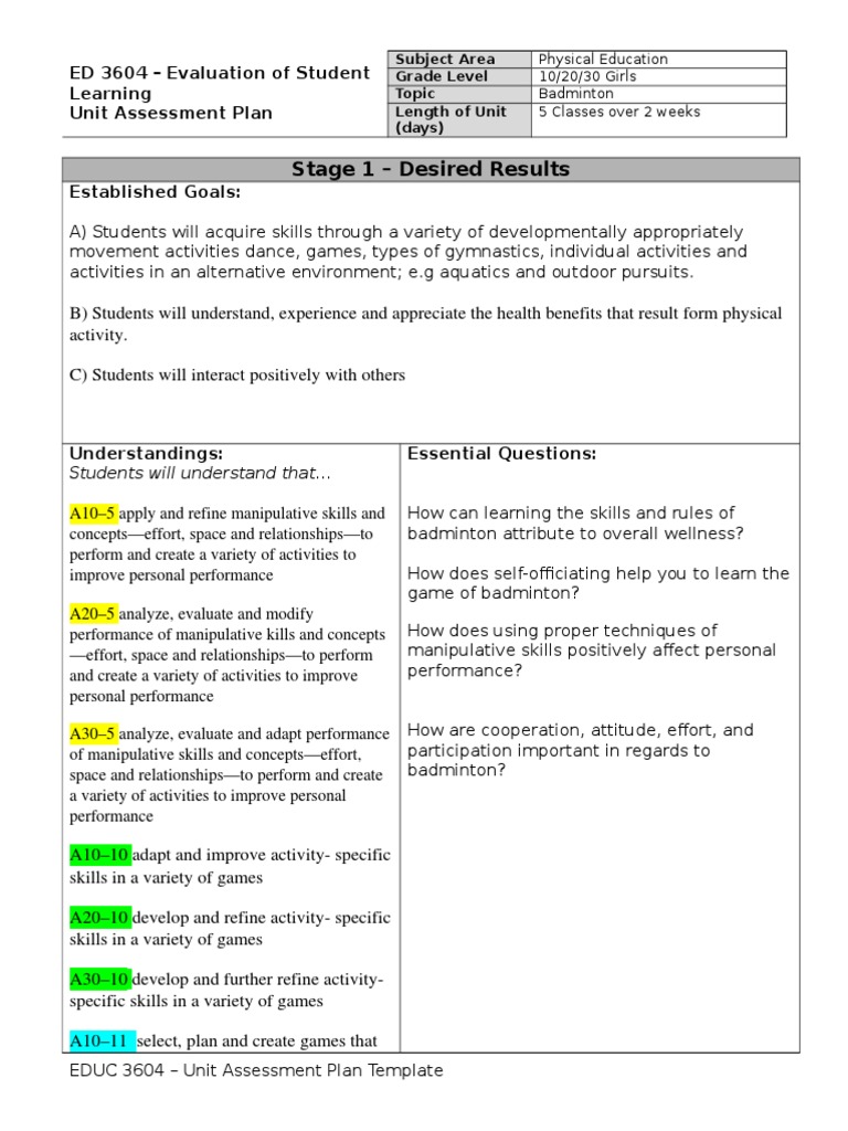 3604 - Badminton Assessment | PDF | Educational Assessment | Physical ...