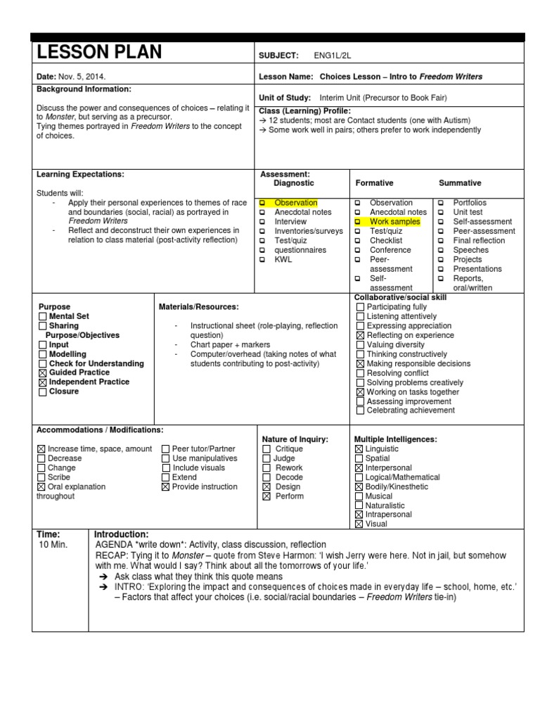 Choices in Freedom Writers Lesson Plan | PDF | Educational Assessment ...