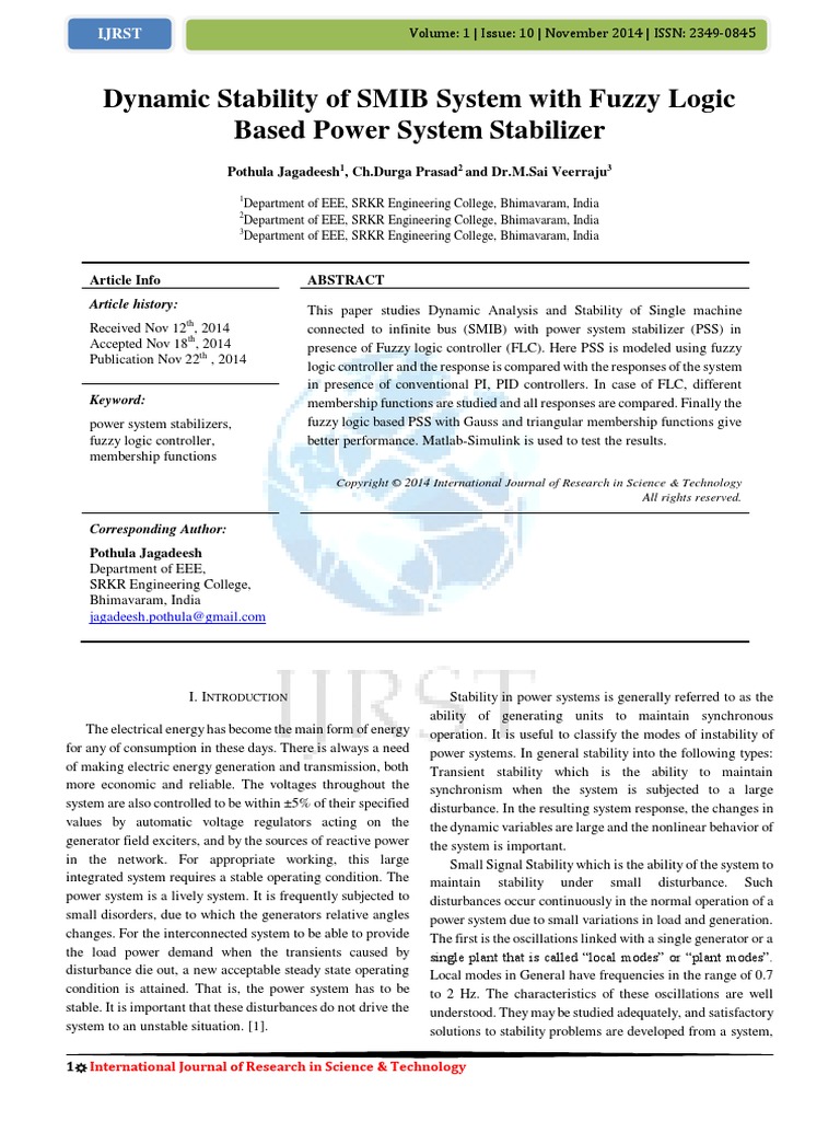 Dynamic Stability of SMIB System With Fuzzy Logic Based Power System Stabilizer | PDF | Electric ...
